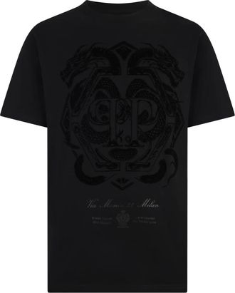 Philipp Plein Homme, Tops, Noir, Taille: L T-Shirt Dragon Imprim&eacute; Col Rond