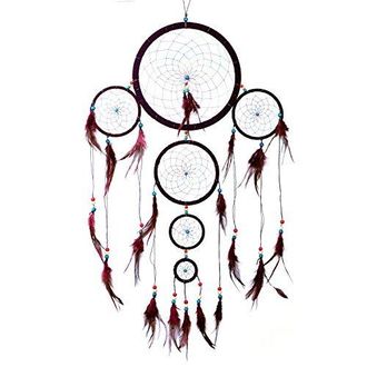 DonDon Taille XXL Attrape-rêves Dreamcatcher avec Perles et Vraies Plumes Marron - Ø 28 cm