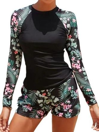 Onsoyours Maillot de Bain 2 Pi&egrave;ces Femme Tankini Ensembles Rashguard &agrave; Manches Longues avec Short de Bain pour Surf Natation Push up Tankini Ensembles Sport Pla