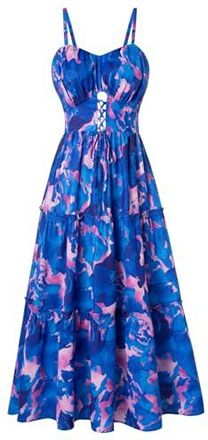 Grace Karin Robe de Plage Femme Fleurs Robe &agrave; Bretelles &eacute;t&eacute; Vacances F&ecirc;te Fleurs Bleu Rose XL