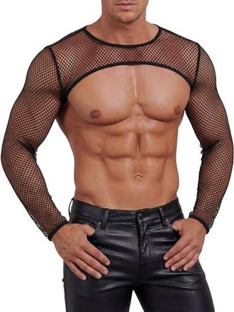 Feoya Haut Court en Maille pour Homme Manches Longues Ventre Nu Maille Transparente Sexy Maille Cropped T-Shirt &agrave; Manches Courtes Bol&eacute;ro pour f&ecirc;te Clubwear 
