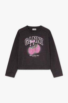 Ganni gemischt Sweatshirt mit Rundhalsausschnitt und Himbeerprint Bio-Baumwolle - Gr&ouml;&szlig;e XS