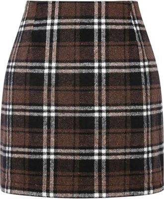 Generic Jupes moulantes extensibles pour femmes - Jupe-short &agrave; motif tartan pour femme - Jupe trap&egrave;ze - Taille haute &eacute;lastique - Taille haute - Moulante - Cou