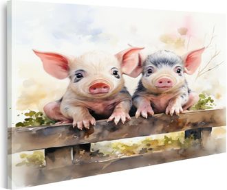 Islandburner Bild auf Leinwand Süße, sitzende Babyschweine auf Bank, Aquarell Bilder Wandbilder Poster JDZL-1K