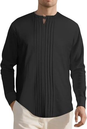 Generic Chemise en lin blanc pour homme - Coupe ajust&eacute;e - Chemise boutonn&eacute;e en coton - Manches courtes - Costume &agrave; manches courtes - T-shirt long, Noir, 3XL