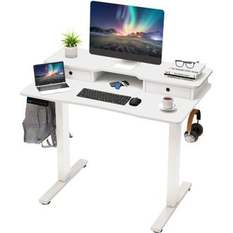 Costway Costway - Bureau Assis-Debout Electrique 100x60 cm, avec 2 Tiroirs, R&eacute;glable en Hauteur, Support dEcran, 2 Crochets de Suspension, Blanc
