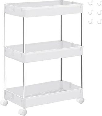 Songmics Rollwagen, K&uuml;chenwagen, K&uuml;chenregal, Nischenregal, mit 6 Haken, 360&deg; drehbare R&auml;der, Stahlgestell, Bad, K&uuml;che, B&uuml;ro, 3 Ebenen, wei&szlig; KSC009W01