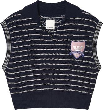 Emporio Armani Femme, Tops, Bleu, Taille: 40 FR Polo sans manches &agrave; rayures en maille ajour&eacute;e