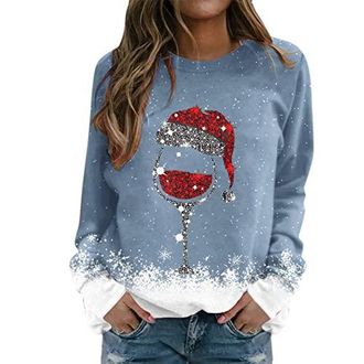 Generic Pull de Noel Femme Pull Moche de Noel Sweatshirt a Manches Longues pour Femme Col Rond Imprimé Verre a Vin Et Chapeau Style Décontracté de Noël