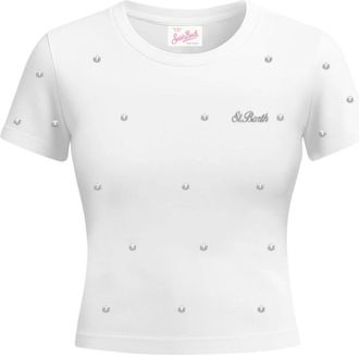 MC2 Saint Barth Femme, Tops, Blanc, Taille: 42 FR Nives Cotton T-Shirt with Rhinestone Embellishment