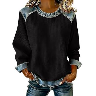 Generic Sweat-shirts pour femme sans capuche vintage en tricot gaufr&eacute; denim patchwork sweatshirts surdimensionn&eacute;s &agrave; col rond pulls de couleurs blocs de couleu
