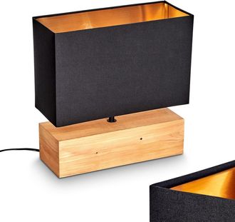 HOFSTEIN Tischleuchte Geneva, Nachttischlampe aus Holz/Stoff in Natur/Schwarz/Goldfarben, Tischlampe 1-flammig im skandinavischen Design, E27, Länge 30 cm, Leu