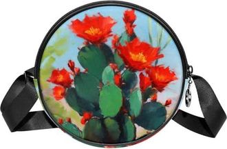 Generic Sac &agrave; bandouli&egrave;re rond pour femme, motif cactus rouge, petit sac &agrave; bandouli&egrave;re avec fermeture &eacute;clair, bretelles r&eacute;glables, sac &agrave; main rond d&eacute;contract&eacute;