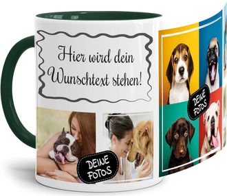 Tassendruck Foto-Tasse selbst gestalten mit Text & Collage für 5 Fotos - Geschenk für Familie, Freunde, Geburtstag, Weihnachten - Keramik Innen & Henkel Dunkelgrü
