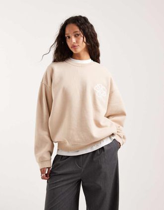 4th & Reckless Baumwoll-Sweatshirt in Beige mit Rundhalsausschnitt und Logo-Stickerei-Neutral