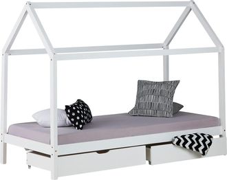 Homestyle4u 1992, Hausbett 90x200 mit Schublade Montessori Bett Kinderbett Bodenbett Wei&szlig; Holz