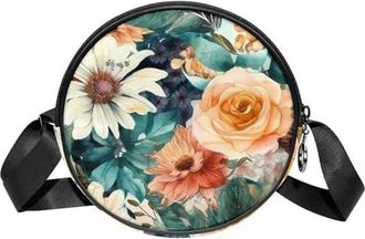 Generic Petit sac &agrave; bandouli&egrave;re circulaire pour femme, motif feuilles florales, sac &agrave; dos avec fermeture &eacute;clair, bretelles r&eacute;glables, sac &agrave; main rond d&eacute;contra