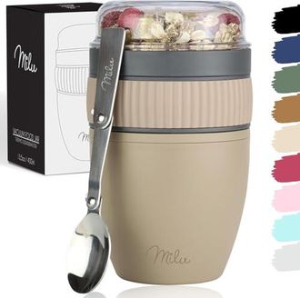 Milu Pot de céréales à emporter 400ml I Pot de yaourt en plastique pour les céréales I anti-fuite avec cuillère pour le yaourt/porridge (Marron)