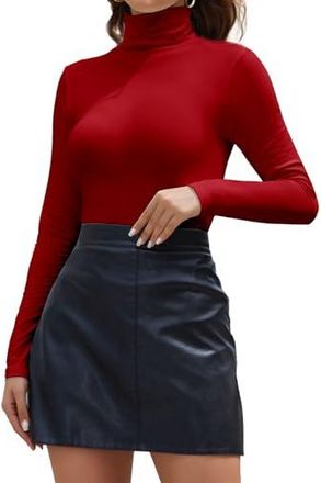 Joyshaper T-shirts &agrave; manches longues et col roul&eacute; pour femmes, hauts &agrave; col haut, chemises &agrave; col montant, chemise de corps, Rouge/col roul&eacute;, M