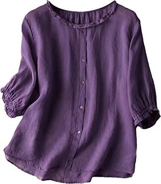 Generic Chemises en lin pour femme avec boutons et col rond et manches 3/4, chemisiers amples et fluides, hauts d&eacute;contract&eacute;s et &eacute;l&eacute;gants, v&ecirc;tements boh&egrave;mes, v