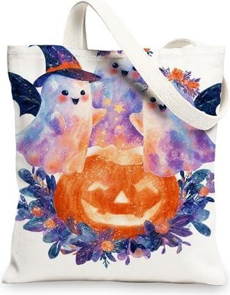 Generic Ghostly - Sacs fourre-tout en toile motif dHalloween fantaisie, sacs dépicerie réutilisables, colorés, légers et lavables, sacs en toile pour salle de