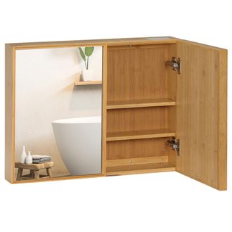 Kleankin Spiegelschrank, Wandschrank mit 3 Innenb&ouml;den, Badspiegelschrank mit Doppelt&uuml;r, H&auml;ngeschrank f&uuml;r Badezimmer, Schlafzimmer, Bambus, Natur, 65,2 x 14 x 5