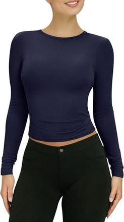 Generic Hauts en coton pour femme - Haut &agrave; manches longues en coton - D&eacute;contract&eacute; - Couleur unie - Col rond - Coupe ajust&eacute;e - Pull extensible et l&eacute;ger, noir f