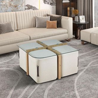 M&S Collection M&s - Table basse carr&eacute;e de 90x90x45cm avec 4 poufs en tissu