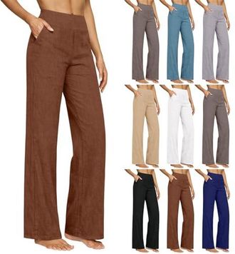Generic Pantalon en coton et lin pour femme, coupe droite, coupe ample, taille haute, drap&eacute;, jambe large, pantalon pour femme, caf&eacute;, 3XL