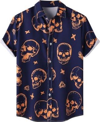 Generic 2026 Halloween Chemise à manches courtes pour homme Cardigan Top Doux Confortable Multicolore Imprimé floral festif Style décontracté, noir foncé, XXL