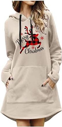 Generic Robes amincissantes 2026 pour femmes, chandail &agrave; capuche de No&euml;l d&eacute;contract&eacute;, manches longues, cordon de serrage, l&eacute;ger, imprim&eacute;, robe pull longueur, 
