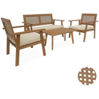Sweeek Salon de jardin en bois et cannage canap&eacute; 2 places. 2 fauteuils. 1 table basse - Boh&eacute;mia 117x64x74 cm Cannage carr&eacute; / Bois couleur teck