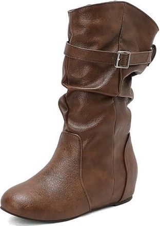 Generic Bottes déquitation vintage pour femme, style western cowgirl mi-mollet plissé, bout rond, talon compensé caché, marron, 40 EU