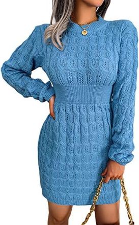 Onsoyours Robe Femme Col Rond Pull Courte Automne Hiver Tricot&eacute;e Sweat Stretch Long Casual &Eacute;l&eacute;gante Mini Crayon Cocktail Bleu S