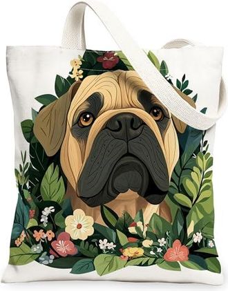 Generic Spring Bullmastiffs Sac fourre-tout en toile pour faire du shopping 33 x 38,1 cm, sac d&eacute;picerie r&eacute;utilisable avec motif imprim&eacute; de plantes, fleurs, ch