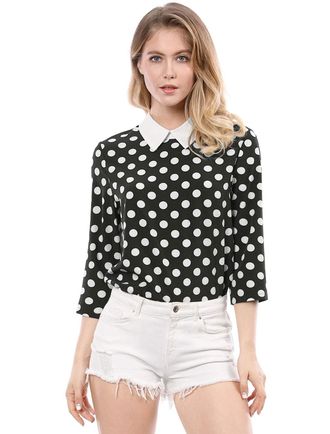 Allegra K Damen Halloween 3/4 &Auml;rmel Blusenkragen Oberteil Polka Dots Weihnachts Elegante Top Bluse Schwarz L