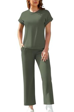 SHEKINI Surv&ecirc;tement pour femme - Manches courtes - Col rond - Couleur unie - Deux pi&egrave;ces - Tenue d&eacute;contract&eacute;e avec poches, vert olive, XL