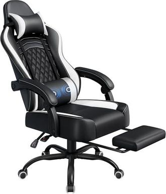 Yaheetech Chaise Gaming avec Massage, Fauteuil Gaming Ergonomique avec Repose-Pieds R&eacute;tractable, Hauteur R&eacute;glable, Dossier Inclinable &agrave; 135&deg;, Chaise de Bureau e