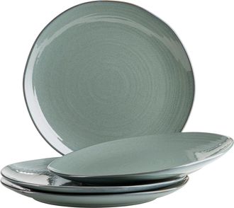 Mäser Serie Nottingham, 4er Teller Set mit filigranem Linienspiel und edler Glasur, Speiseteller aus Keramik in modernem Vintage Look, Steinzeug, Türkis-Grü