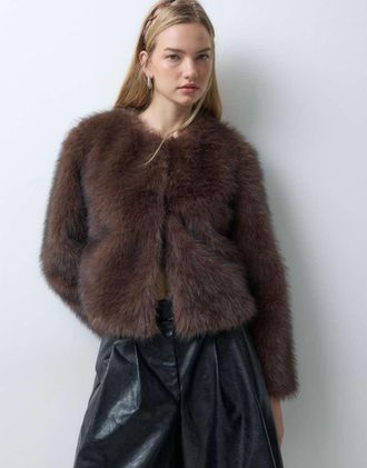 Jacqueline de Yong Kastenjacke aus Kunstpelz in Braun-Schwarz