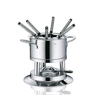 KELA Fondue-Set Cailin, 10-teilig, Durchmesser 22 cm, 1,2 L, Edelstahl 18/10, silber glänzend, Allherdboden, Topf, Sicherheitspastenbrenner, Rechaud, Sprit