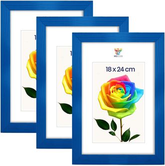 MG Design 3er Set Bilderrahmen 18 x 24 cm - Fotorahmen mit Blau Echtholzrahmen und bruchsicherem Acrylglas, Hoch & Quer zum Aufh&auml;ngen, zum Aufstellen