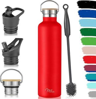 Milu Bouteille en acier inoxydable 350ml, 500ml, 750ml, 1l (+3 couvercles) - Bouteille thermo avec paille, bouteille deau, pour boissons chaudes, froides e