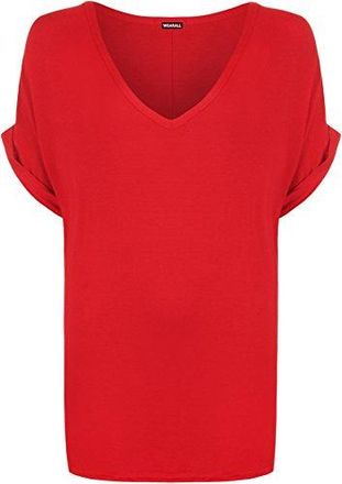 WearAll Femmes Nouveau Plus Taille Femmes Court Tour en Haut Manche Bouffant Plaine Haut Dames V-Neck T-Shirt - Rouge - 48-50