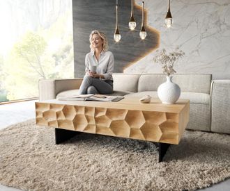 DELIFE Couchtisch Solu 120x70 cm Eiche Natur 4 Sch&uuml;be Fu&szlig; schwebend Metall Schwarz 3D-Front, Couchtische