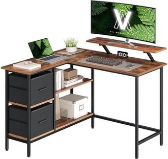 Vasagle L-förmiger Schreibtisch, 2 geräumige Schubladen, Computertisch mit Monitorständer, Eckschreibtisch, Gaming-Tisch mit Verstellbarer Ablage 115 x 105 cm