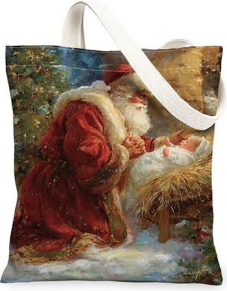 Generic Sacs fourre-tout vintage en toile, motif P&egrave;re No&euml;l classique, sacs d&eacute;picerie r&eacute;utilisables, l&eacute;gers et lavables avec bandouli&egrave;re pour Hol, Rouge, 13x15