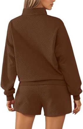 Generico Ensemble d&eacute;contract&eacute; d&eacute;t&eacute; avec fermeture &eacute;clair 1/4 et col haut, sweat oversize &agrave; manches longues en coton et short &eacute;l&eacute;gant, marron, XXL