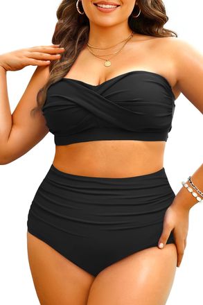 Yonique Zweiteiliger Damen-Badeanzug, &Uuml;bergr&ouml;&szlig;e, hohe Taille, Bandeau-Bikini, Bauchweg-Badeanzug, Schwarz, 16 Plus