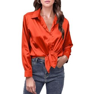 Generic Womens Satin Button Down Shirts V-Neck Long Sleeve Tops Business Office Blouses Fashion Spring Shirt